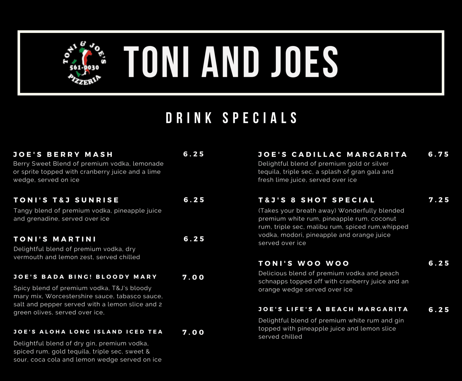 Menu | Italian Cuisine | Toni and Joe’s Pizza